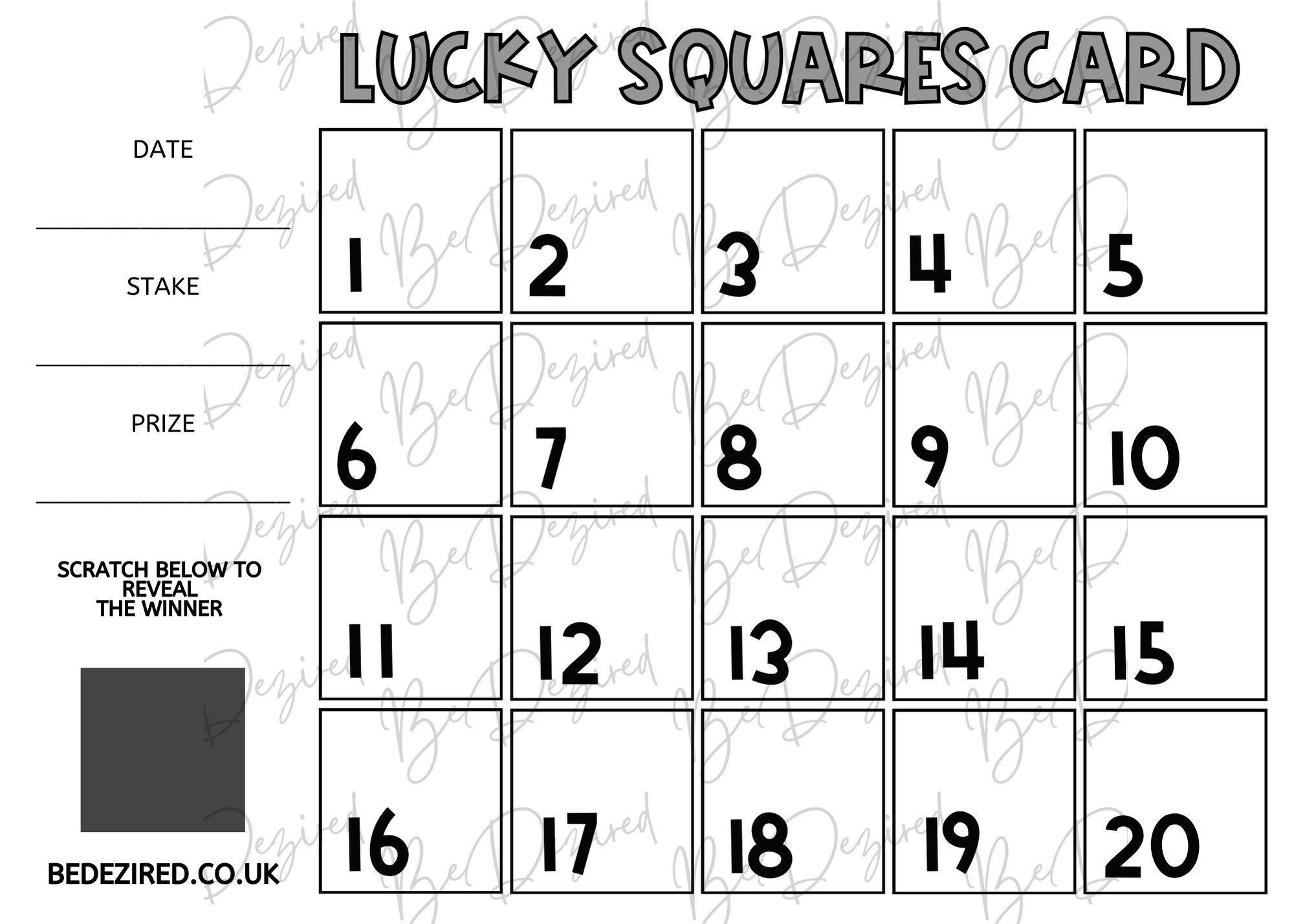 Magic Lucky Squares Monochrome 1-20 Fund Raising Scratch Card Game ...